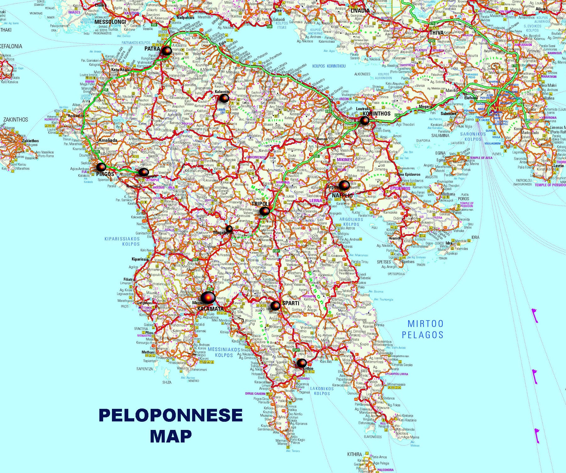 Peloponnese Map | largest towns and historical sites