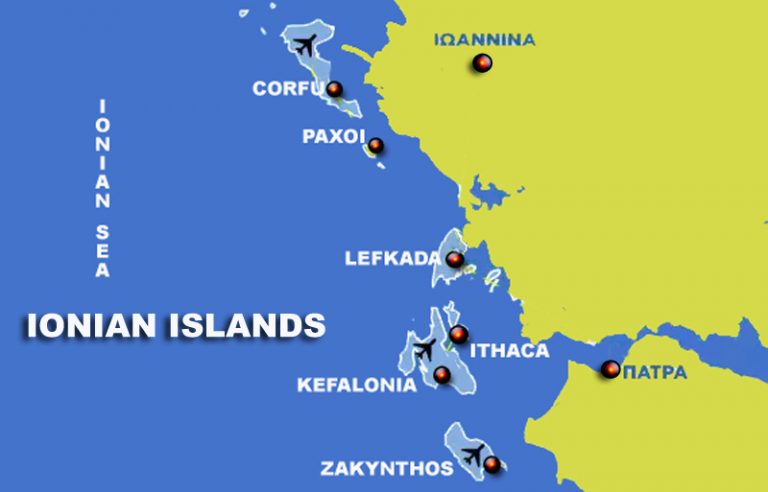 Map of the ionian islands in Greece