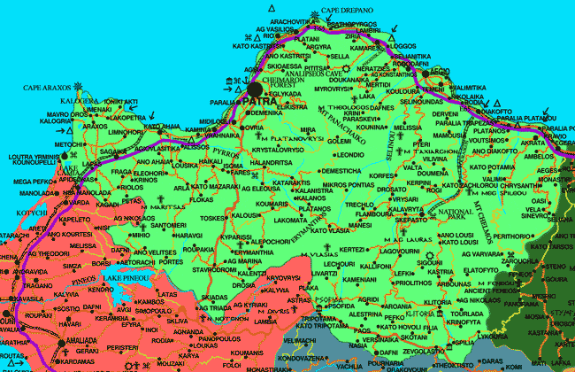 Map of Achaia, Peloponnese Greece